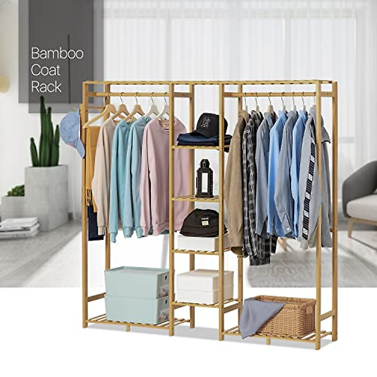 MoNiBloom Bamboo Clothes Rack with Double Rods and Storage Shelves Free Standing Open Wardrobe Rack for Hanging Clothes and Storage for Bedroom Living Room, Natural