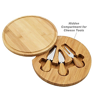 Round Bamboo Cheese Board Set with 3 Stainless Steel Tools and 4 Cheese Markers - 9" Diameter x 1.5" high