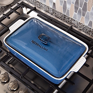 ROSSALLINI Stoneware Casserole Dish Bakeware Set with Lid, Covered Rectangular Dinnerware, Extra Large 4.23 Quart, 13 by 9 Inch, Blu Indaco [Reactive Blue]