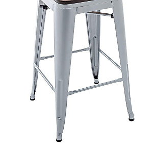 Alunaune 24" Metal Counter Height Bar Stools Set of 4 Industrial Backless Kitchen Patio Counter Stool Stackable Barstools Wood Top- 24inch, Silver