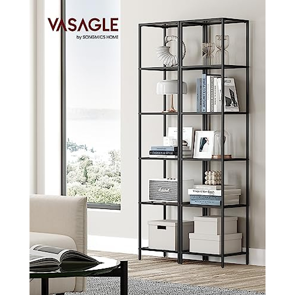 VASAGLE Bookcase, 6-Tier Bookshelf, Slim Shelving Unit for Bedroom, Bathroom, Home Office, Tempered Glass, Steel Frame, Black and Gray ULGT500G01