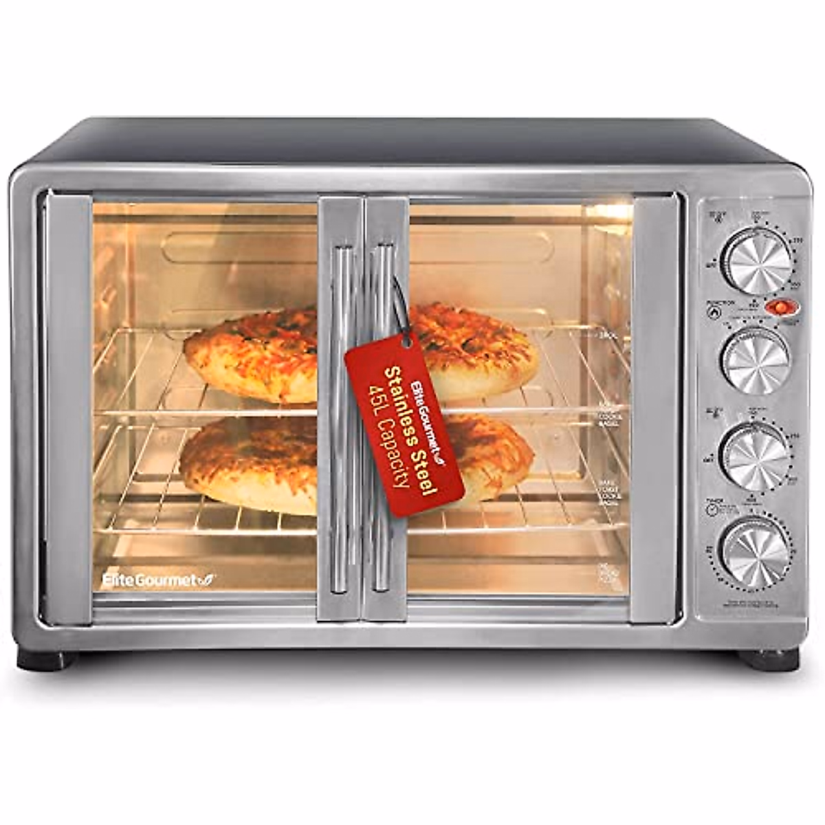 Elite Gourmet ETO4510B# French Door 47.5Qt, 18-Slice Convection Oven 4-Control Knobs, Bake Broil Toast Rotisserie Keep Warm, Includes 2 x 14" Pizza Racks, Stainless Steel