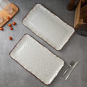 LEHAHA Farmhouse Large Serving Platters, 2 Piece Melamine Dinnerware Set, 17.5 x 10 Inches Vintage Serving Tray, Rectangle White Rustic Trays Set of 2