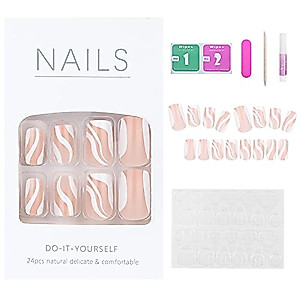 24 Pcs Press on Nails Short, Luvehandicraft Glossy Fake Nails Coffin, False Nails with Glue for Women and Girls (Pink White Swirl), 28 Piece Set