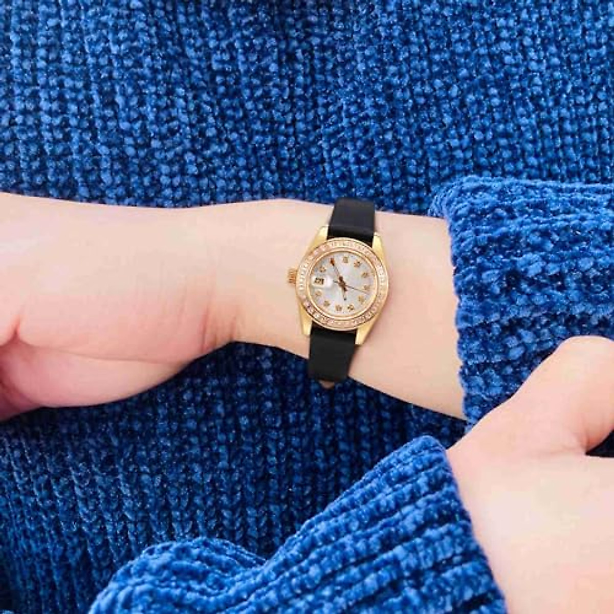 WOCCI 14mm Lug Width, Elegant Watch Band, Genuine Leather Replacement Strap with Silver Buckle (Black)