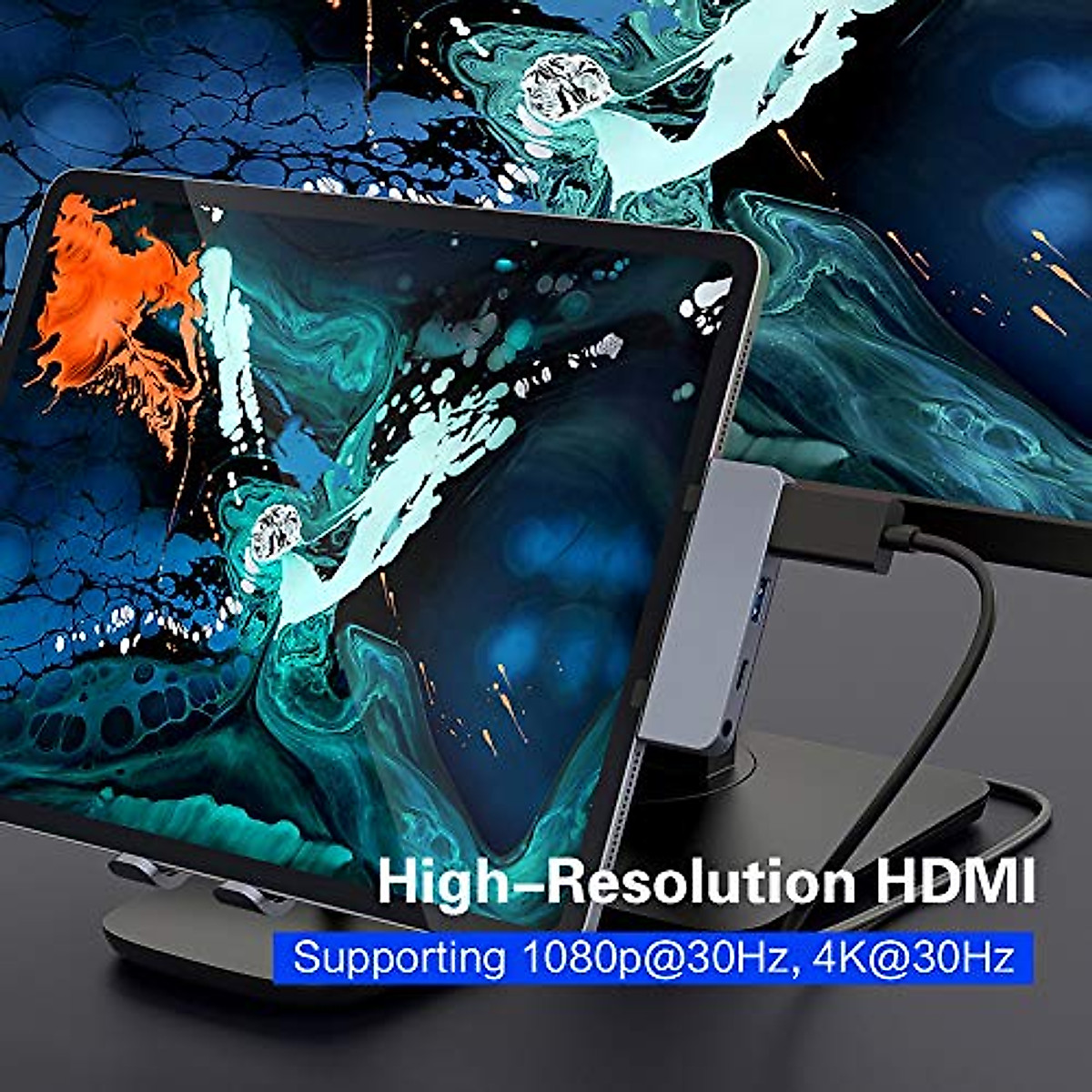 HyperDrive USB C Hub Adapter for iPad Pro 2020 2019 2018 11”/ 12.9", USBC Smartphone/Tablet, 4-in-1 USB-C Hub Dongle with 4K HDMI, C-USB PD Charging, USB 3.0, 3.5mm Headphone Audio Jack -Gray