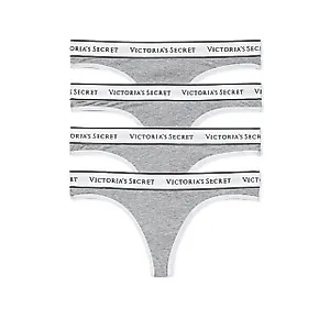 Victoria's Secret Cotton Logo Thong Panty Pack, Underwear for Women, 4 Pack, Medium Heather Grey (L)