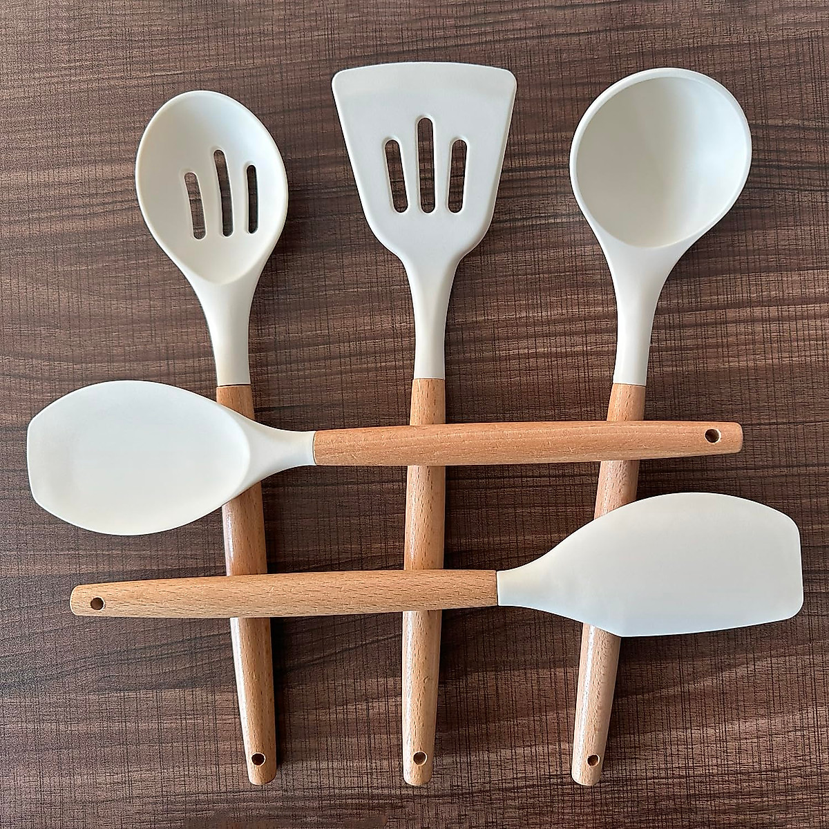IOCBYHZ Silicone Kitchen Utensils Set of 5, Cooking Utensils Set with Heat Resistant Wooden Handle Non-Stick Silicone Spatula Spoon Turner Ladle Set, BPA FREE Kitchen Gadgets Utensil Set for Cookware