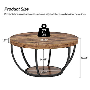 Tribesigns Round Coffee Table, 31.7" Wooden 2-Tier Circle Coffee Table with Storage Shelves, Modern Accent Cocktail Table Center Table for Living Room, Rustic Brown
