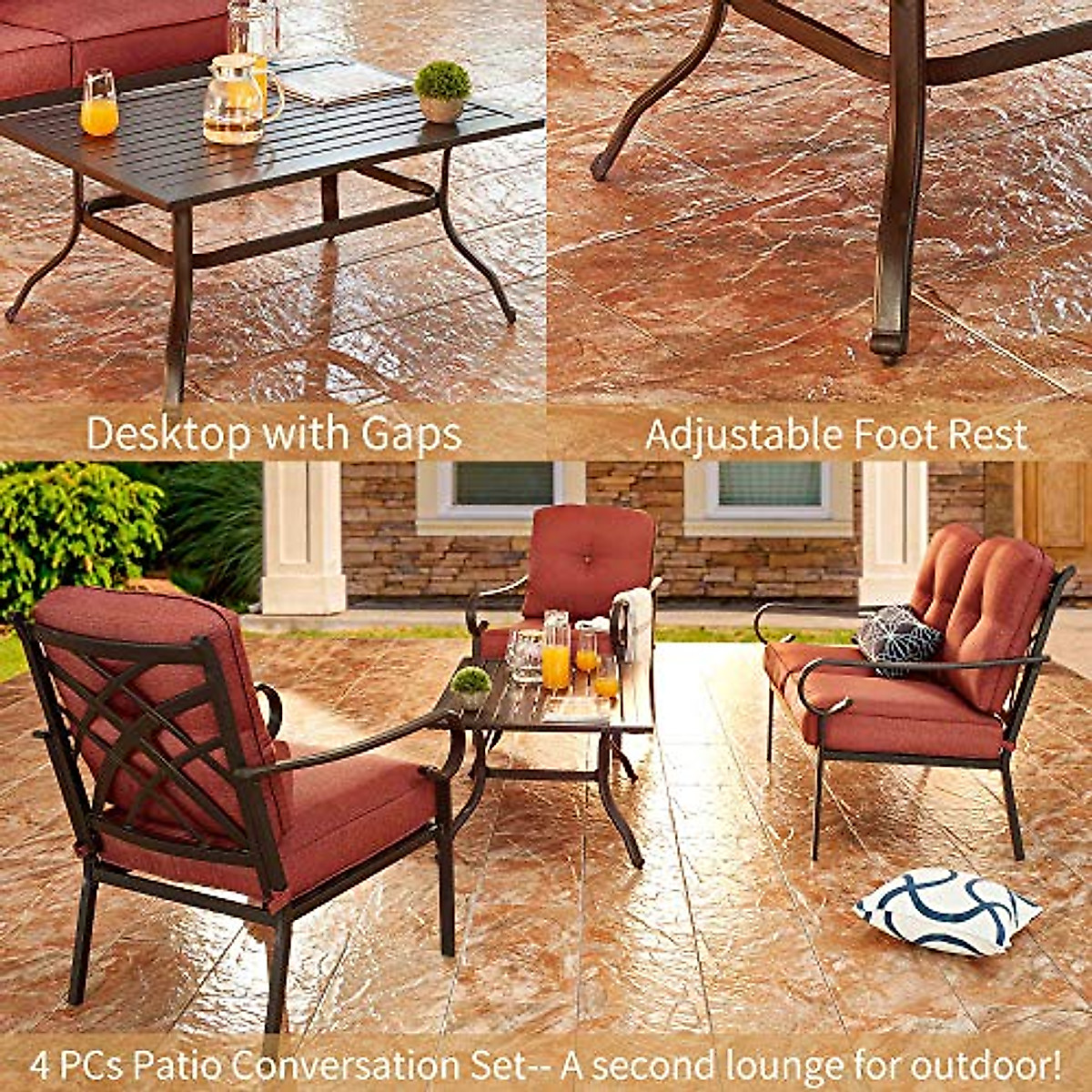 PatioFestival Patio Furniture Sets 4 Piece Metal Outdoor Sofas with 6.3 Inch Cushion Bistro Conversation Set(4PC,Red)