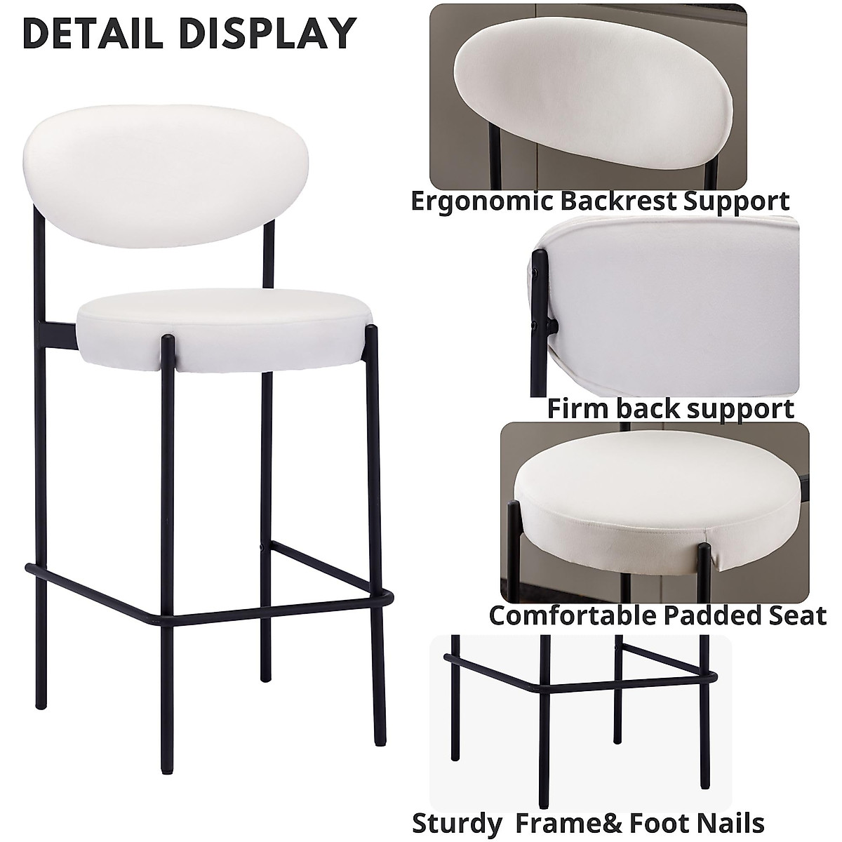 Washon 26 Inch Bar Stools for Kitchen Island Set of 2 Velvet Fabric Counter Stools with Backs Upholstered Counter Height Bar Stools with Black Metal Legs for Dining Room Kitchen Counter Bar, White