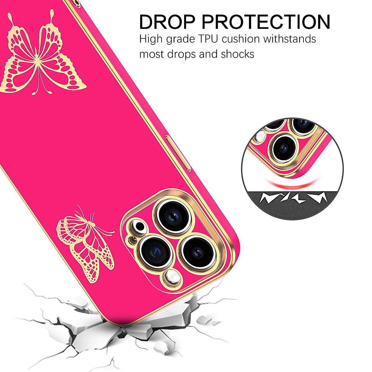 BENTOBEN for iPhone 13 Pro Max Case, Butterfly Design Women Girl iPhone 13 Pro Max Phone Case Slim Fit Luxury Shockproof Electroplated Soft Protective Cover Case for iPhone 13 Pro Max 6.7",Hot Pink
