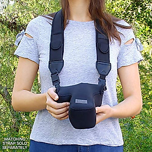 USA GEAR DSLR Camera Sleeve with Neoprene Protection, Holster Belt Loop and Accessory Storage - Compatible with Canon EOS Rebel T7, T8, SL3, R7, 4000D, Nikon D3400, Pentax K-70 and Many More (Black)