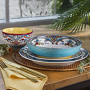 Euro Ceramica Zanzibar Double Bowl 16-Piece Dinnerware Set | Fine Kitchenware | Floral Multicolor Design Stoneware Tableware Service For 4