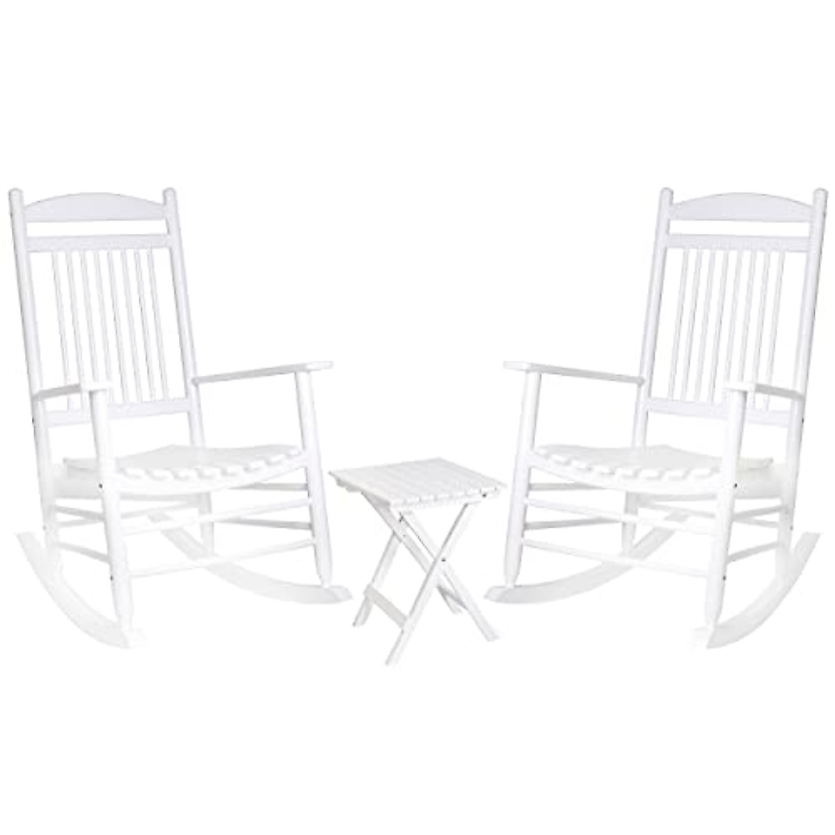 VEIKOU Outdoor Rocking Chairs, Set of 3 Wooden Rocking Chair All Weather Resistant Porch Rocker w/High Back & Side Table, Supports 275Lbs, White