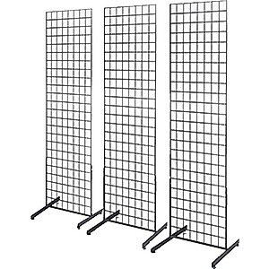 Only Hangers 2' x 6' Grid Wall Panel Floorstanding Display Fixture with Deluxe T-Style Base, Black. Three-Pack Combo.