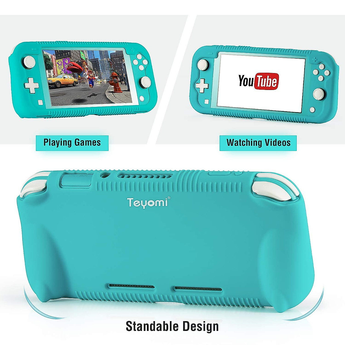 Teyomi Protective Case Compatible with Nintendo Switch Lite, Silicone Protective Cover for Nintendo Switch Lite with Tempered Glass Screen Protector, 4 Pcs Thumb Grips & 2 Game Cartridges(Light Blue)
