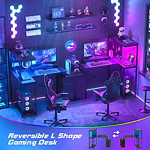 L Shaped Gaming Desk with 2 Fabric Drawers - Reversible Computer Desk with Power Outlet & LED Lights, 48" Corner Desk with Monitor Stand & Storage Shelves, Office Study Table with Pegboard, Pink