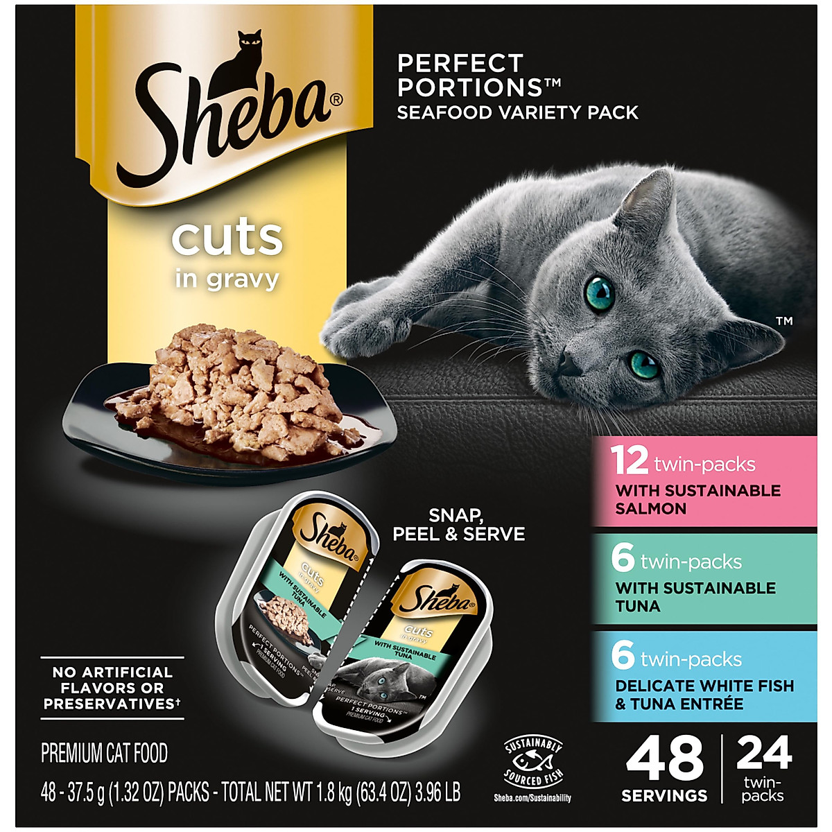 SHEBA Perfect Portions Cuts in Gravy Wet Cat Food Trays (24 Count, 48 Servings), Gourmet Salmon, Sustainable Tuna, And Delicate Whitefish & Tuna Entrée, Easy Peel Twin-Pack Trays