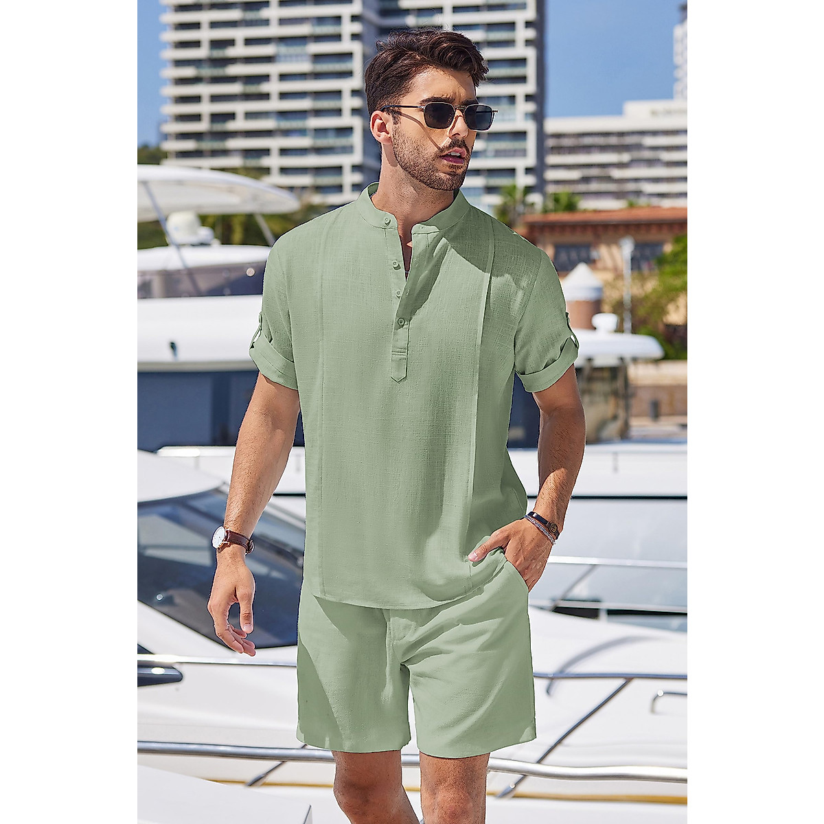 COOFANDY Linen Sets For Men 2 Pieces Henley Shirt Short Sleeve and Shorts With Pockets Sets Beach Yoga Matching Outfits