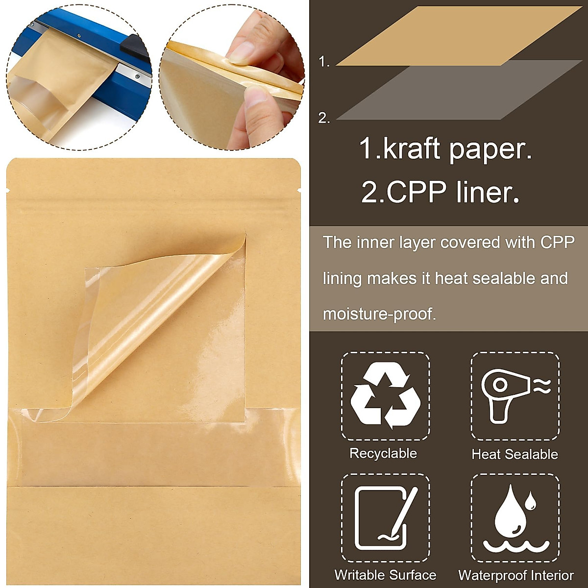 Blisstime 50 Pack Kraft Stand Up Zip Lock Pouch Bags, Resealable Bag with Transparent Window and Tear Notch for Multipurpose Storage (4 X 6 Inches)