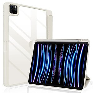 MYGROO for iPad Pro 11 inch case 2022(4th Gen),Case for iPad Pro 11 (2021/2020) with Pencil Holder, Slim Smart Cover with Clear Shell, Support Wireless iPad Pencil Chargin(Creamy White)