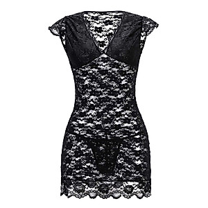 Women's Plus Size Lingerie Lace Babydoll Black Chemise Set Sleepwear (R007,Black,XL)