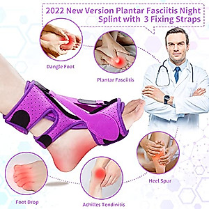 2 Pack Plantar Fasciitis Night Splint with 3 Fixing Straps, Adjustable Achilles Tendonitis Relief Night Splints for Plantar Fasciitis, Foot Drop Ankle Pain, Heel Pain, Achilles Tendonitis(Purple)