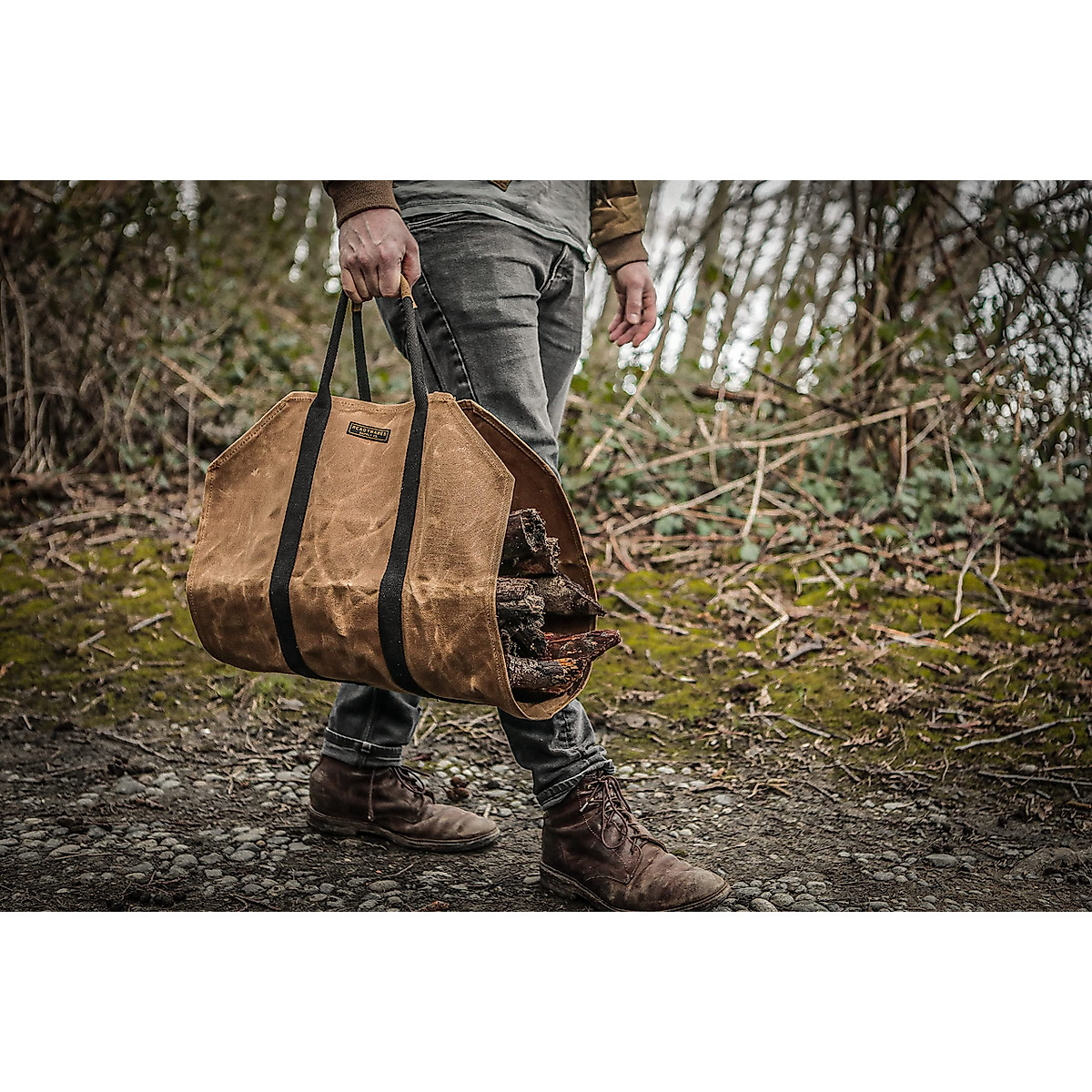 READYWARES Waxed Canvas Firewood Carrier, Heavy Duty Firewood Log Carrier, Classic Durable Design Tan