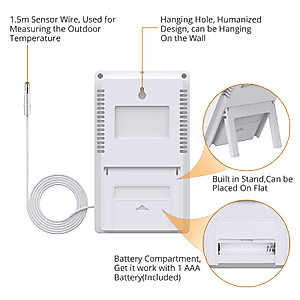 Neoteck 3 in 1 Thermometer Hygrometer with Clock Large LCD Display, Digital Humidity Temperature Meter 1.5m Sensor Wire for Indoor Outdoor Use