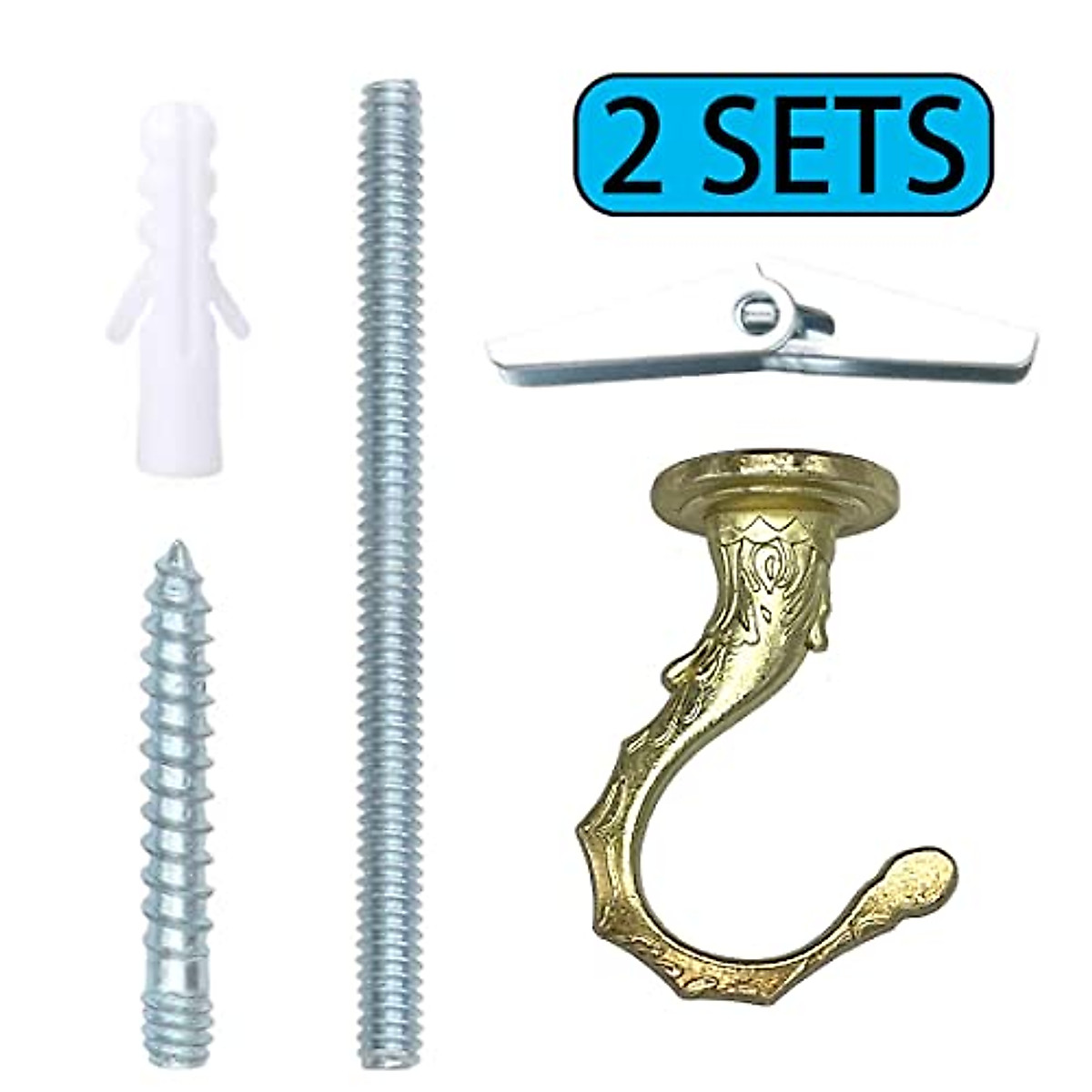 2 Sets Swag Ceiling Hooks Heavy Duty Swag Hook with Hardware for Hanging Plants Ceiling Installation Cavity Wall Fixing (2, Gold)