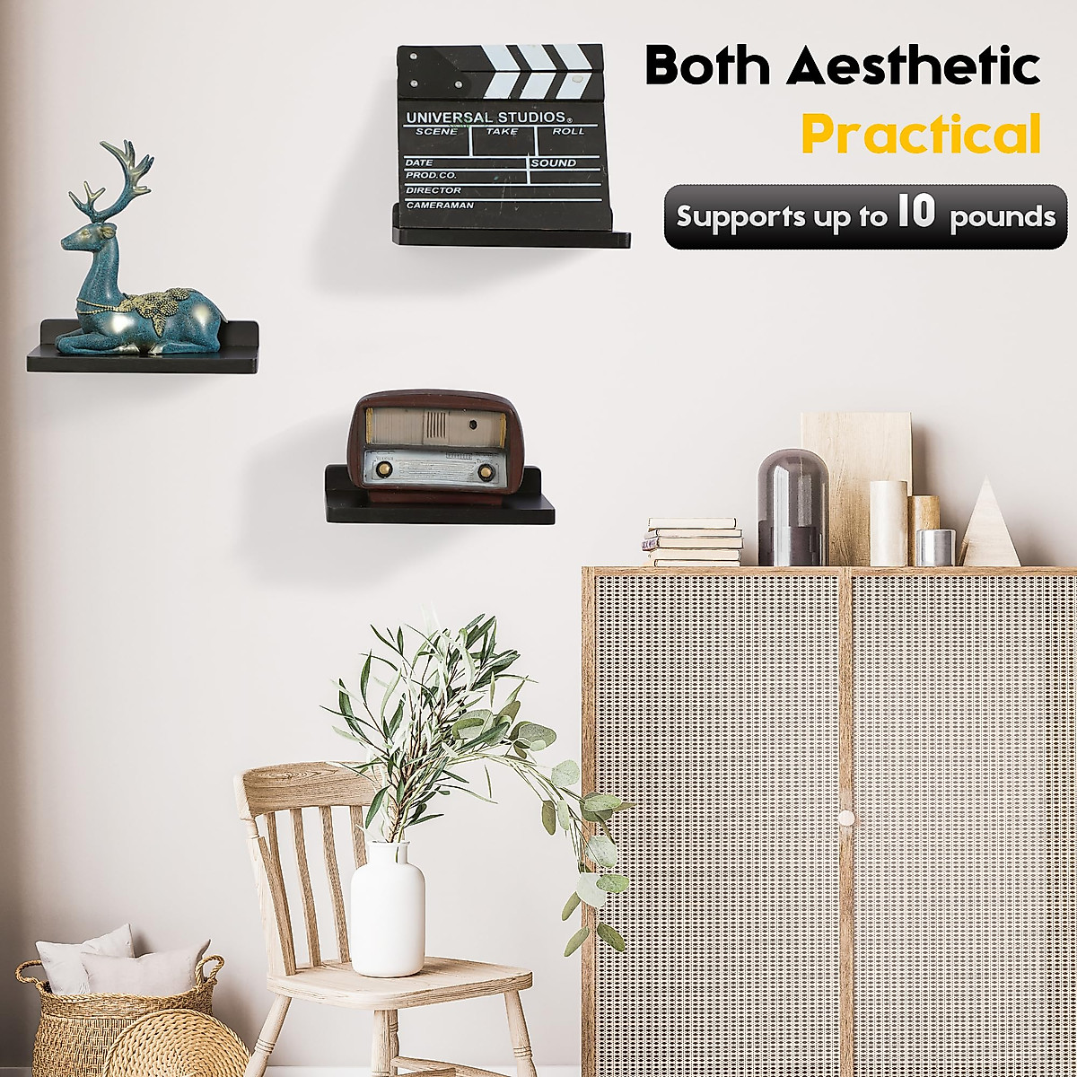 NIUBEST Small Floating Shelf,5 x 8.5 Inch,Set of 3 Small Wall Shelf for Bedroom Living Room Bathroom Kitchen Office (Black)