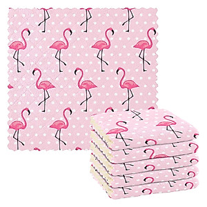 Kigai Pink Flamingos and Dots 11×11 Inches Polyester Flannel Six-Piece Multifunctional Kitchen Dishcloth Soft Absorbent Towel Dishcloth Tea Towel Square Towel