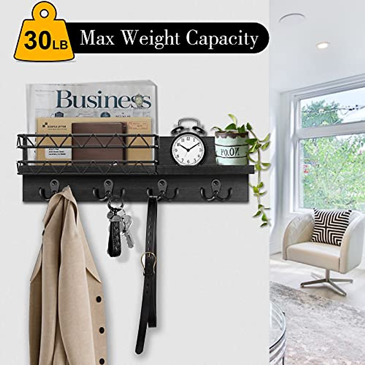 AXTEE Key Holder for Wall, Mail and Key Holder Wall Mount with 4 Double Key Hook and Mail Holder, Key Rack for Entryroom, Hallway, Kitchen, Office- Black