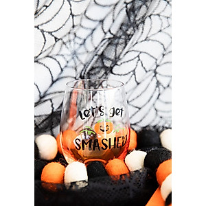 Pearhead Let's Get Smashed Stemless Wine Glass, Gradient Orange, Fall Holiday Home Decor Gifts, Halloween Stemless Wine Glass, 15 oz
