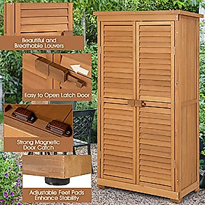 Goplus Outdoor Storage Cabinet, 63” Wood Garden Tool Shed with Double Lockable Doors 3 Shelves and Asphalt Roof, Multipurpose for Patio Lawn Garden Yard, Natural