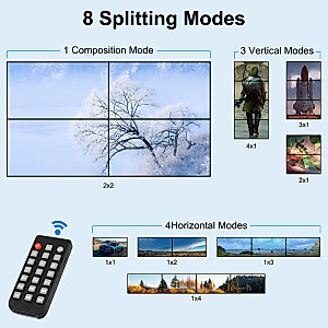 Video Wall Controller HDMI 1X4,Splicing Professional Processor with 4 HDMI+3.5mm Audio Output 180 Degree Rotate TV Wall Display 8 Splicing Modes 1x1, 1x2, 1x3, 1x4, 2x1, 3x1,4x1, 2x2