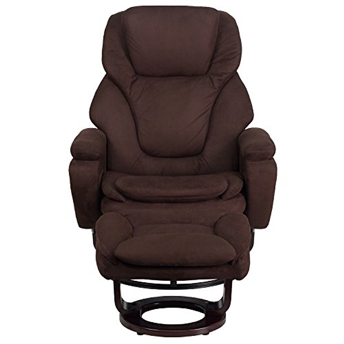 Flash Furniture Contemporary Multi-Position Recliner and Ottoman with Swivel Mahogany Wood Base in Brown Microfiber