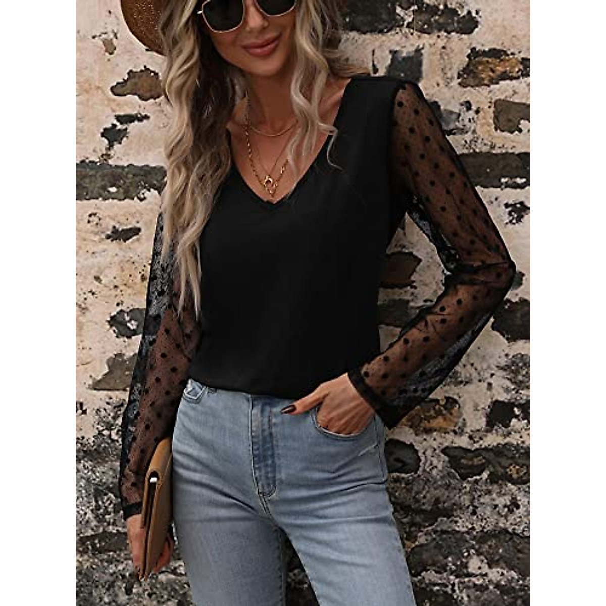 WDIRARA Women's V Neck Polka Dots Sheer Mehs Long Sleeve Twist Backless Sexy Top Black M