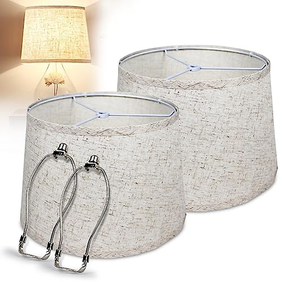 PORRUNNY Lamp Shades Set of 2 Drum Lamp Shades for Table Lamps and Floor Lamps with 2 PCS 7 inch Harp, Medium Fabric Lampshades, Beige Lampshades Natural Linen Hand Crafted (10 x 12 x 8inch)