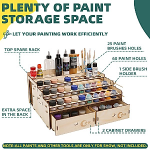 OPHIR Wooden Paint Organizer, Miniature Paint Holder Storage Rack for 60 Acrylic Model Paint Bottles with 2 Drawers, 2 Painting Handle, 25 Paint Brush Holes and 1 Brush Holder for Miniature Paint Set