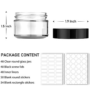 1 oz Small Glass Jars, Bumobum 48 pack Empty Round Clear Jars with Black Lids, White Labels & Inner Liners, Mini Cosmetic Containers for Cream, Lotion