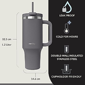 Contigo Tumbler 1200 ml with handle | Stainless Steel Vacuum Insulated Water Bottle with Straw and Lid | Cold for 29 hours | Travel Mug | Thermal Flask | BPA Free | Darkstone