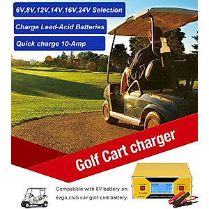 Car Battery Charger Automatic, 6/8/12/14/16/24V Adjustable Voltage Battery Charger 0-10A, Battery Maintainer, Smart Trickle Charger for Golf Cart, Car,Automotive,Motorcycle,Lawn Mower,Marine,Boat,ATV