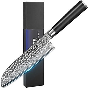 AMSZL 7 Inch Chef Knife, Damascus VG10 Super Steel, Ultra Sharp Santoku Kitchen Knife, Ebony Handle, Gift Box
