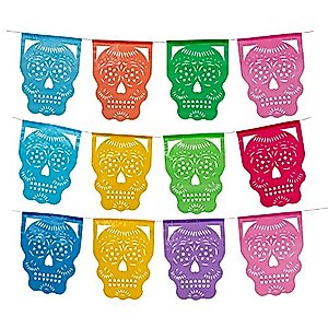 Paper Full of Wishes Day of The Dead Plastic Papel Picado 2pk Cabezita Calavera I 12 Plastic Panels per Banner I Each Banner over 12ft Hanging