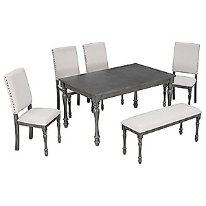 ODC Elegant 6 Piece Dining Table & Chairs Set Rectangular Table with Turned Legs, 4 Upholstered Chairs and Bench for Home Living Room, Gray