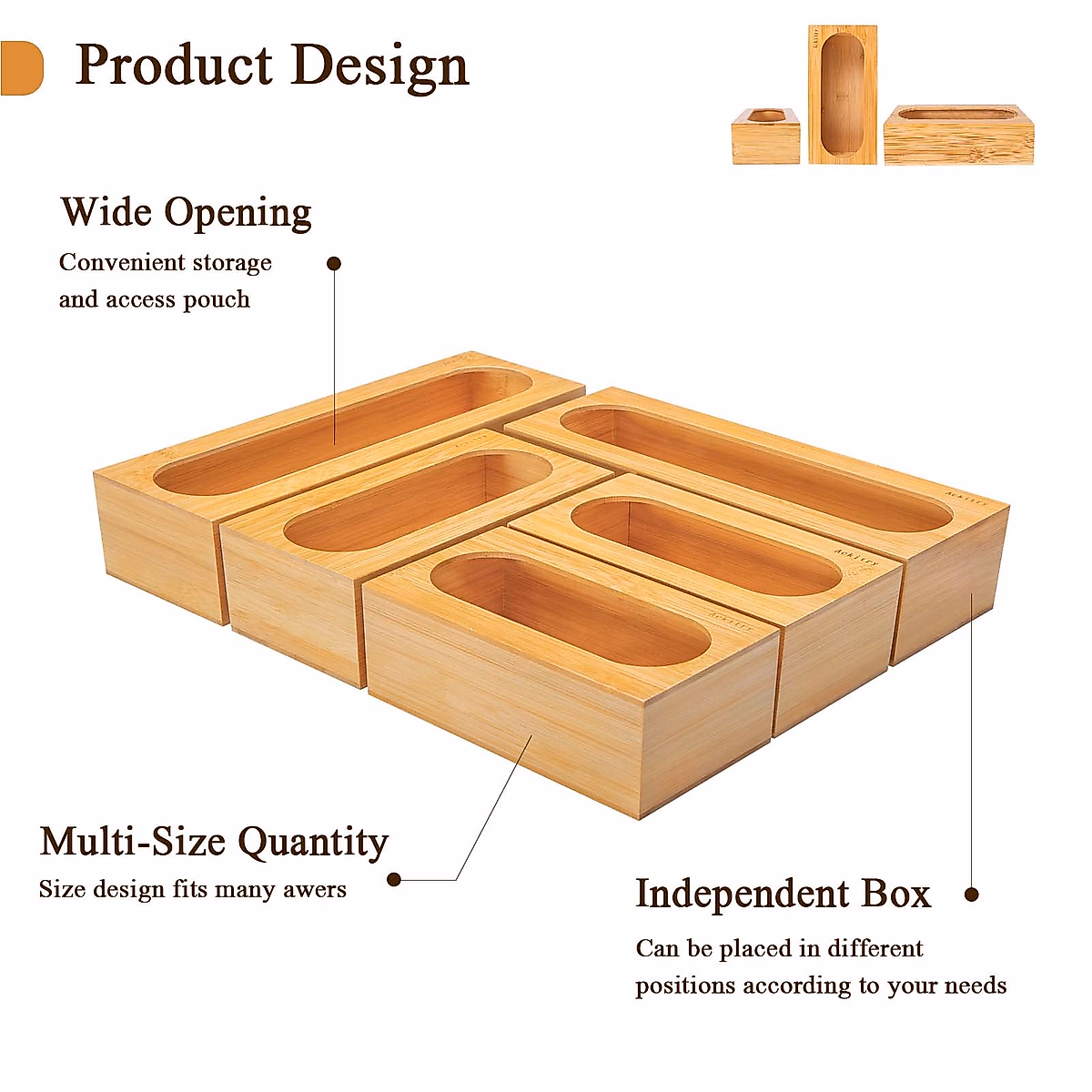 Ackitry Ziplock Bag Storage Organizer for Kitchen Drawer, 5 Pc Bamboo Premium Food Storage Bag Organizer Holders and Dispenser Compatible with Gallon, Quart, Sandwich, Snack, Candy Variety Size Bags