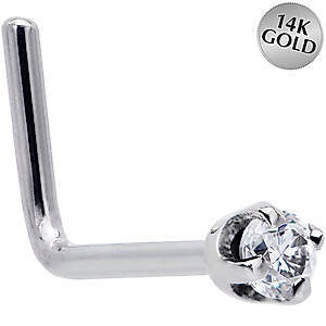 Body Candy Solid 14k White Gold 2mm Clear Cubic Zirconia L Shaped Nose Stud Ring 20 Gauge 1/4"