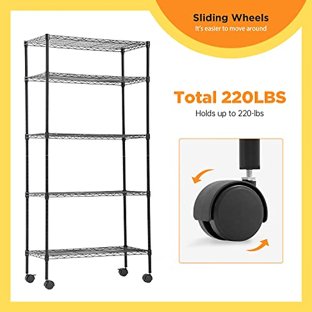 BestOffice 14"x30"x60" Storage Shelves Heavy Duty Shelving 5 Tier Layer Wire Shelving Unit with Wheels Metal Wire Shelf Standing Garage Shelves Storage Rack,Adjustable NSF Certified(Black)